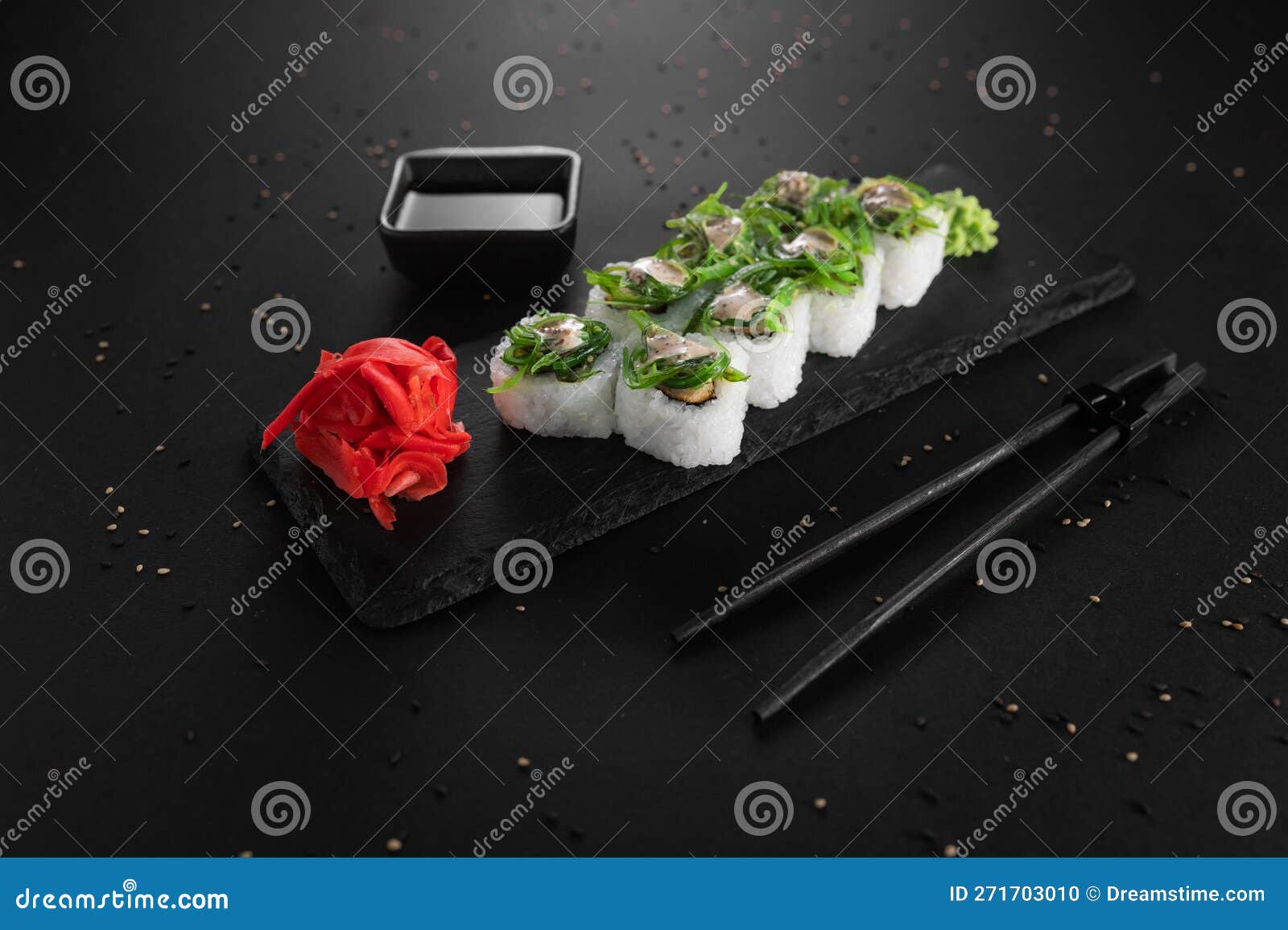 Sushi with Green Algae. Food Sticks. the Top is Blowing. Black ...