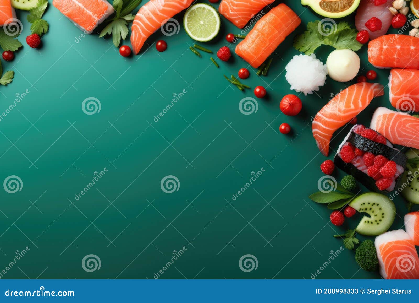 Sushi on the Green Table Surface, Top View, AI Stock Illustration ...