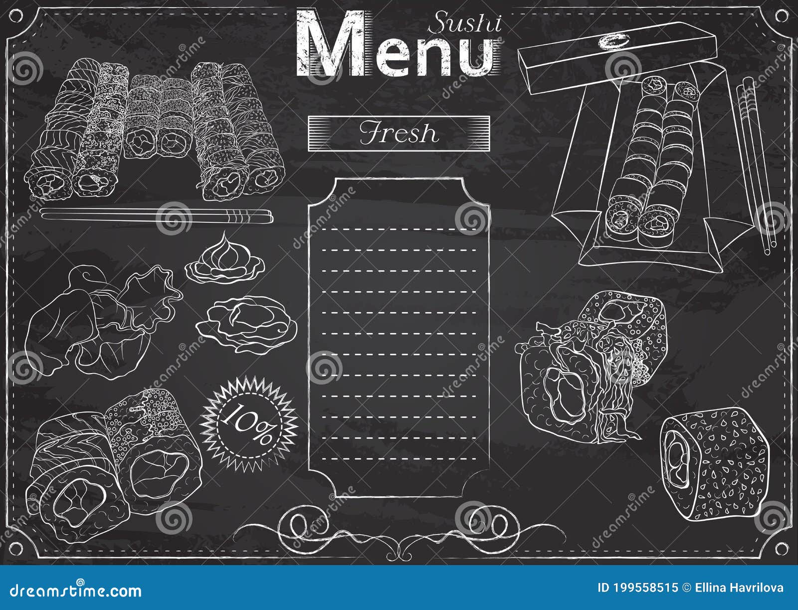Sushi menu chalk stock vector. Illustration of chalk - 199558515