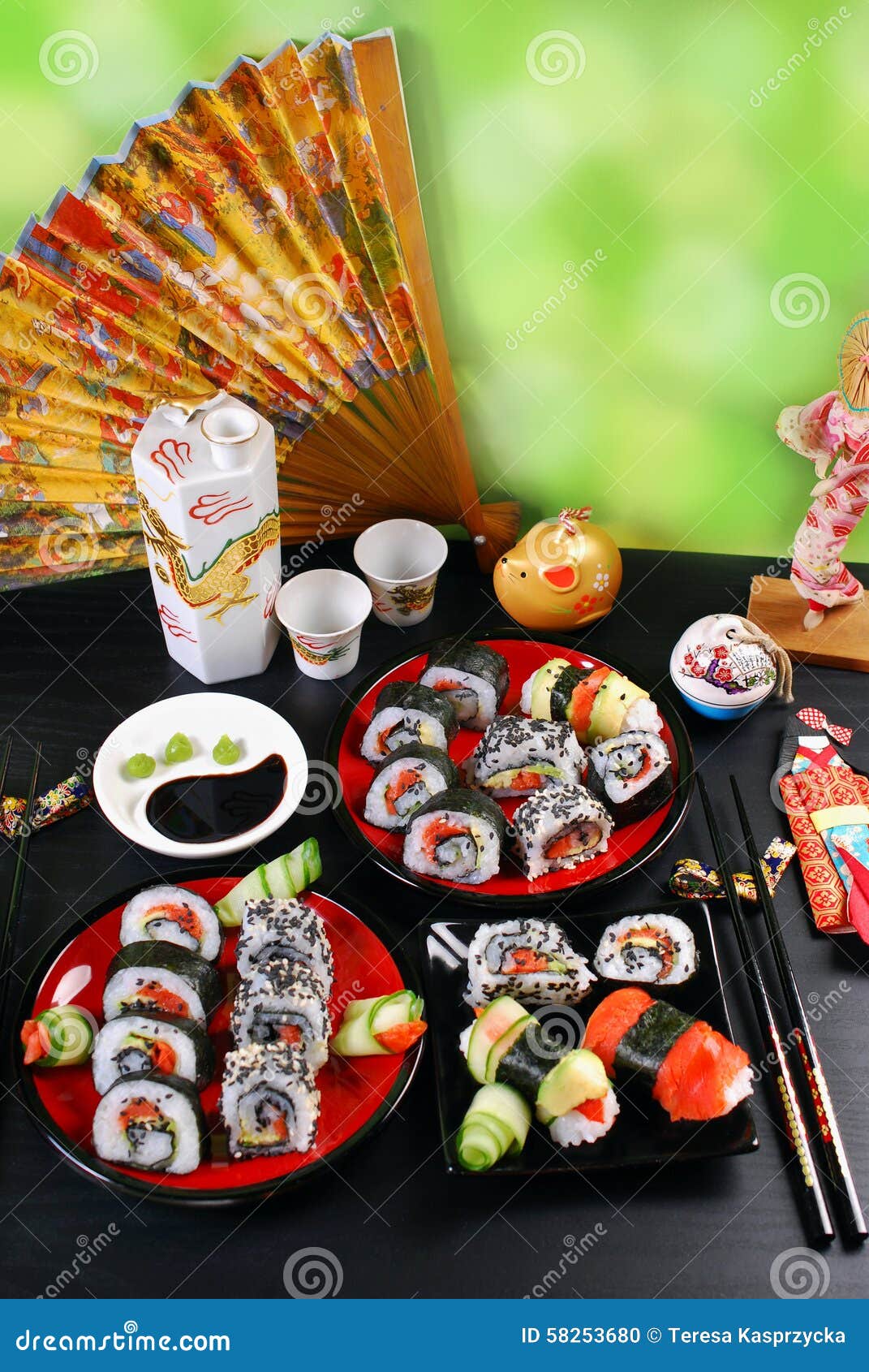 Sushi party table stock photo. Image of avocado, dish - 58253680