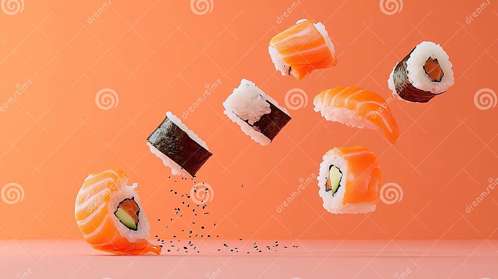 Sushi Rolls Falling Gracefully Against a Solid Red Background in a ...