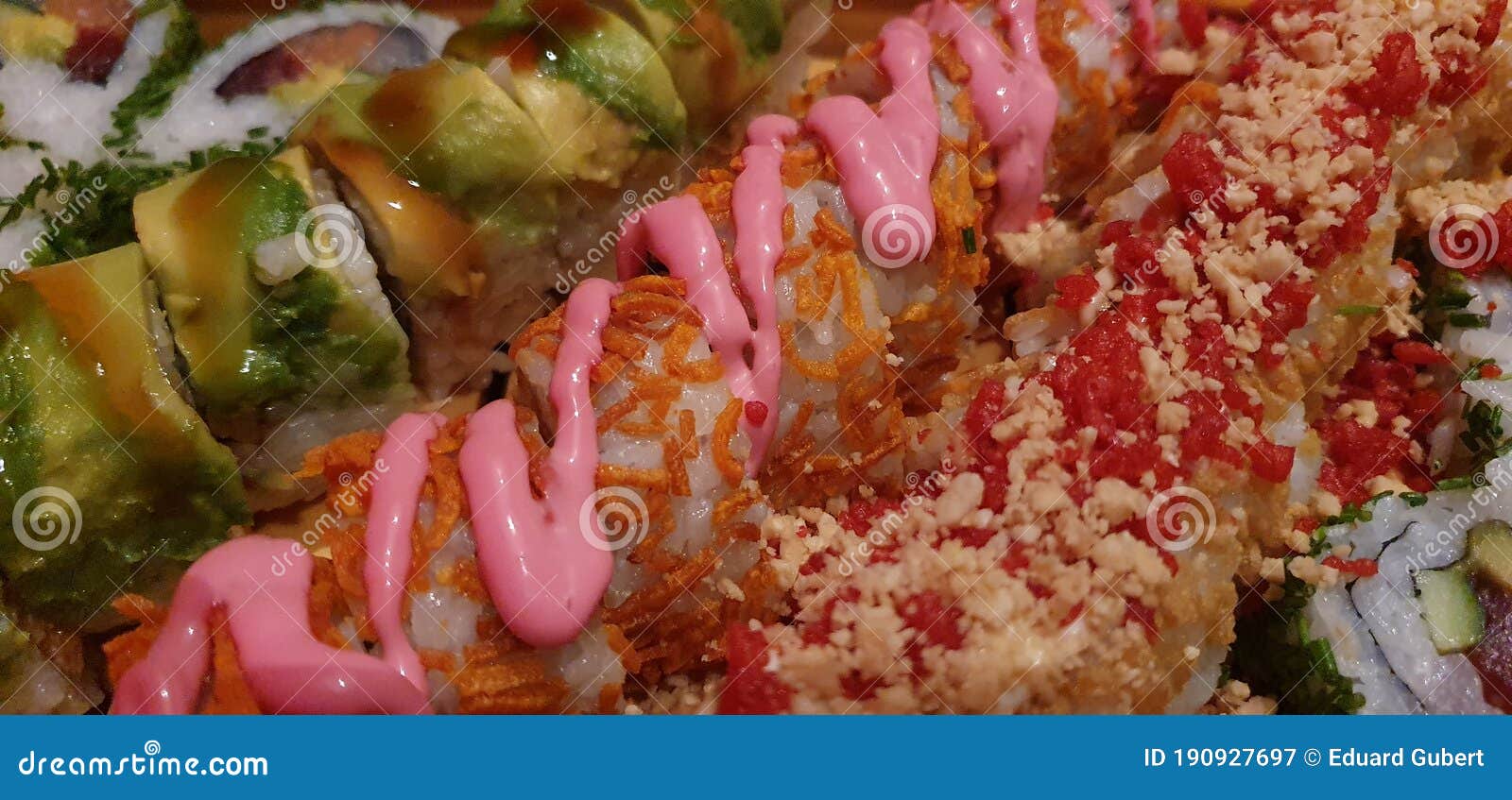 Sushi and pink mayonnaise stock image. Image of mayon - 190927697