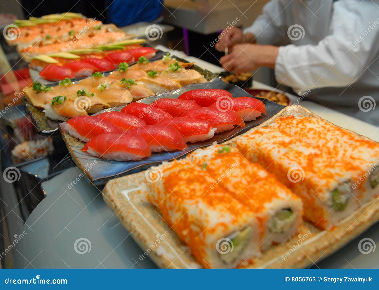 Sushi Preparation on Kitchen Stock Image - Image of sticks, shrimps ...