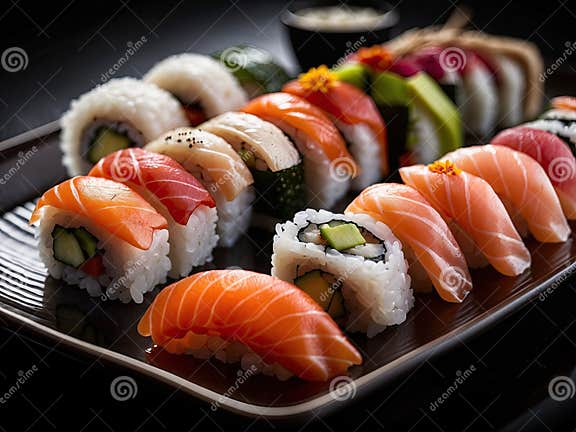 Sushi Presented on a Reflective Surface with Dramatic Lighting Stock ...