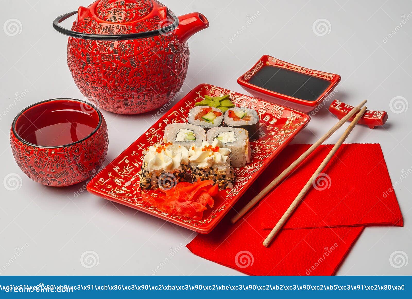 Sushi on Red Dishes on a White Background Stock Photo - Image of ...