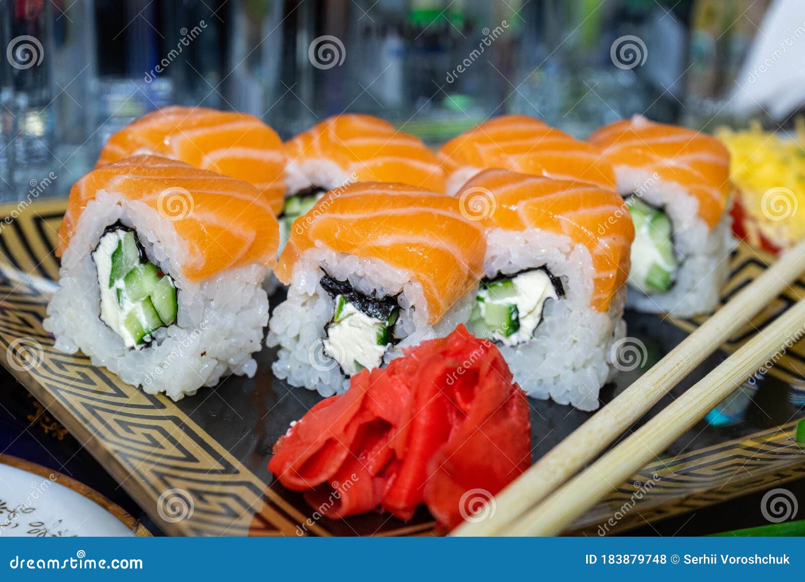 Sushi with Red Fish. Sushi Plate, Wasabi and Sushi Sticks Stock Photo ...