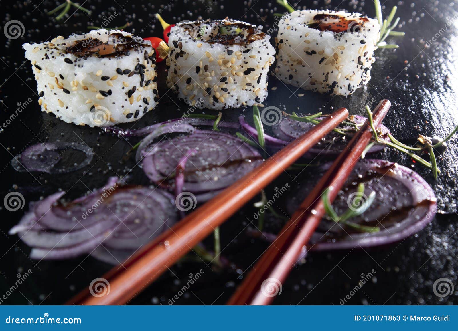 Sushi with Red Onion Garnish Stock Image - Image of onion, healthy ...