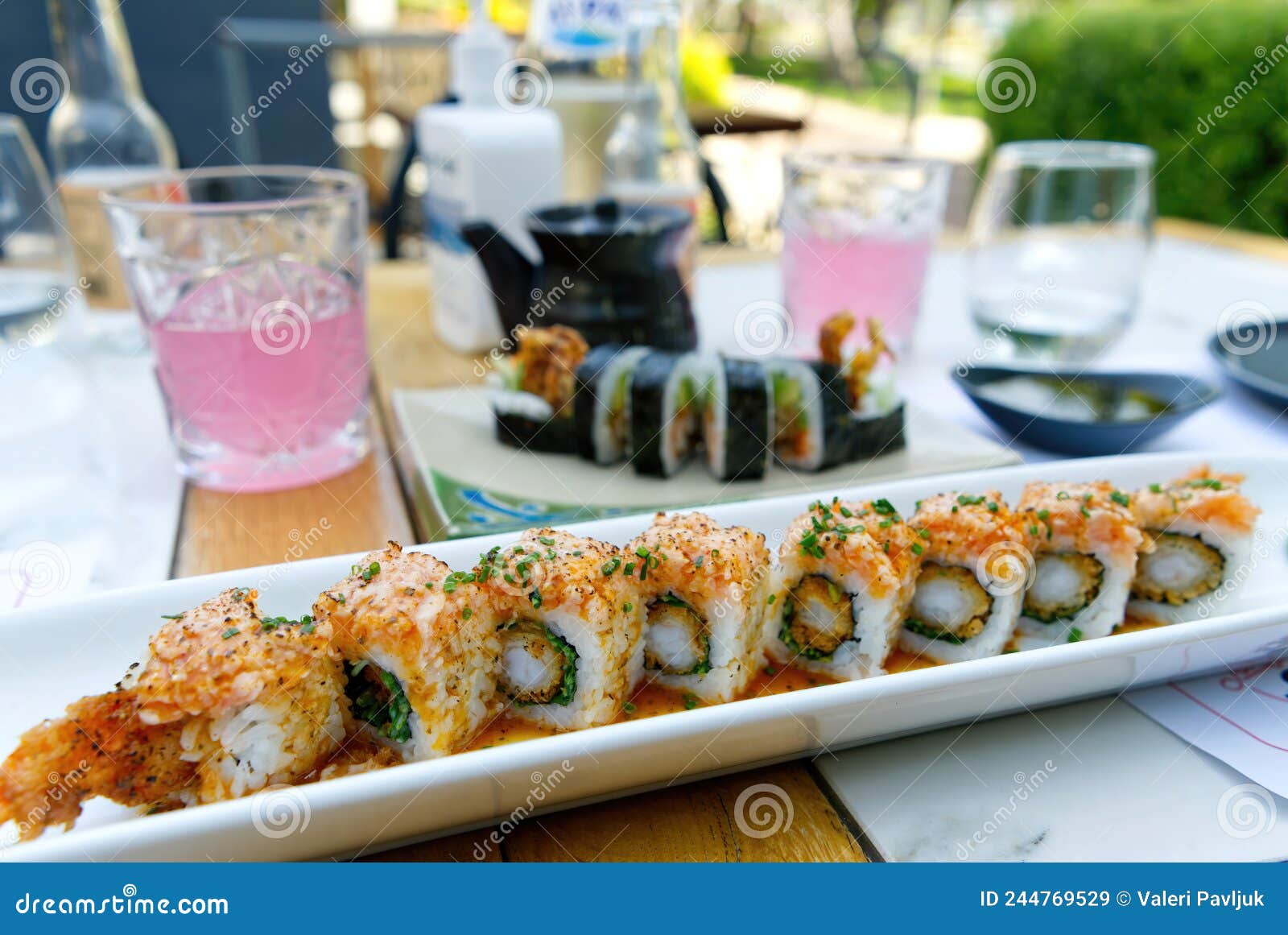 Sushi Restaurant. Outside Table Set Up and Dish Presentation. Raw ...