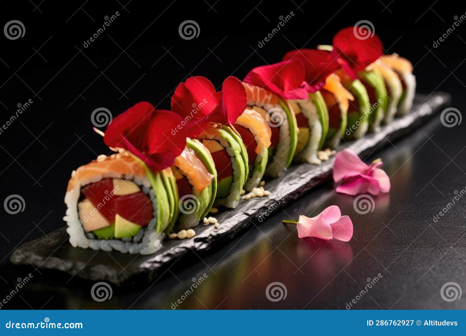 Sushi Roll with Avocado and Salmon Topping Stock Image - Image of rice ...