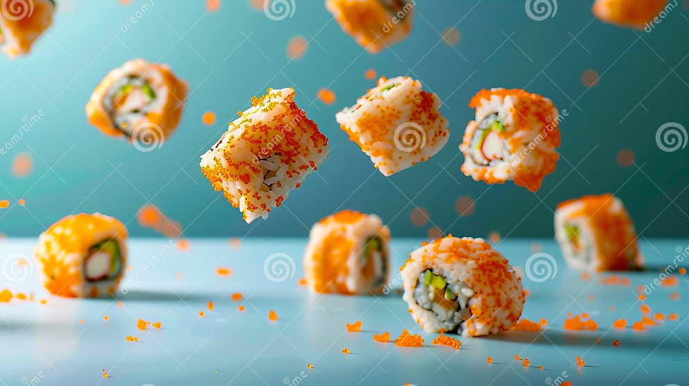 A Sushi Roll is Falling into the Air Stock Image - Image of roll ...
