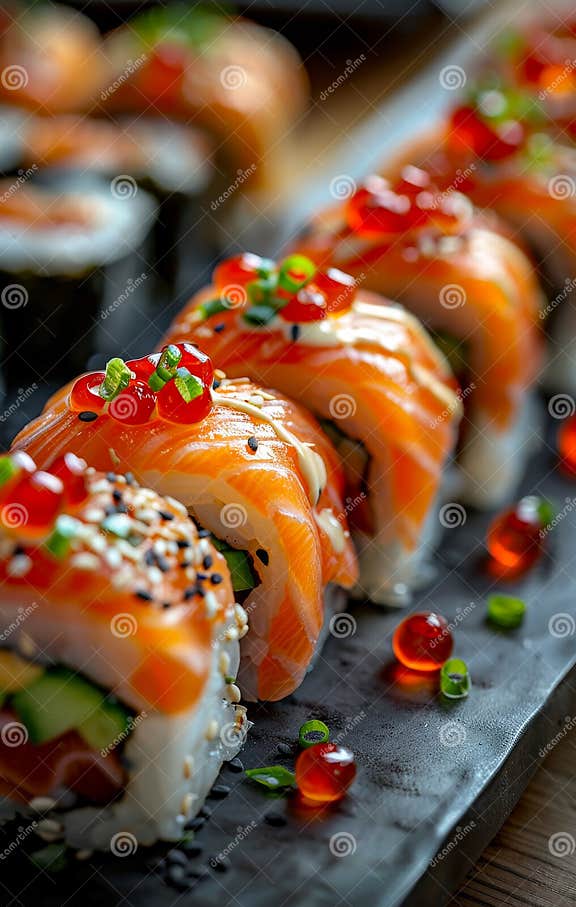 A Sushi Roll with a Red Garnish on Top Stock Image - Image of menu ...