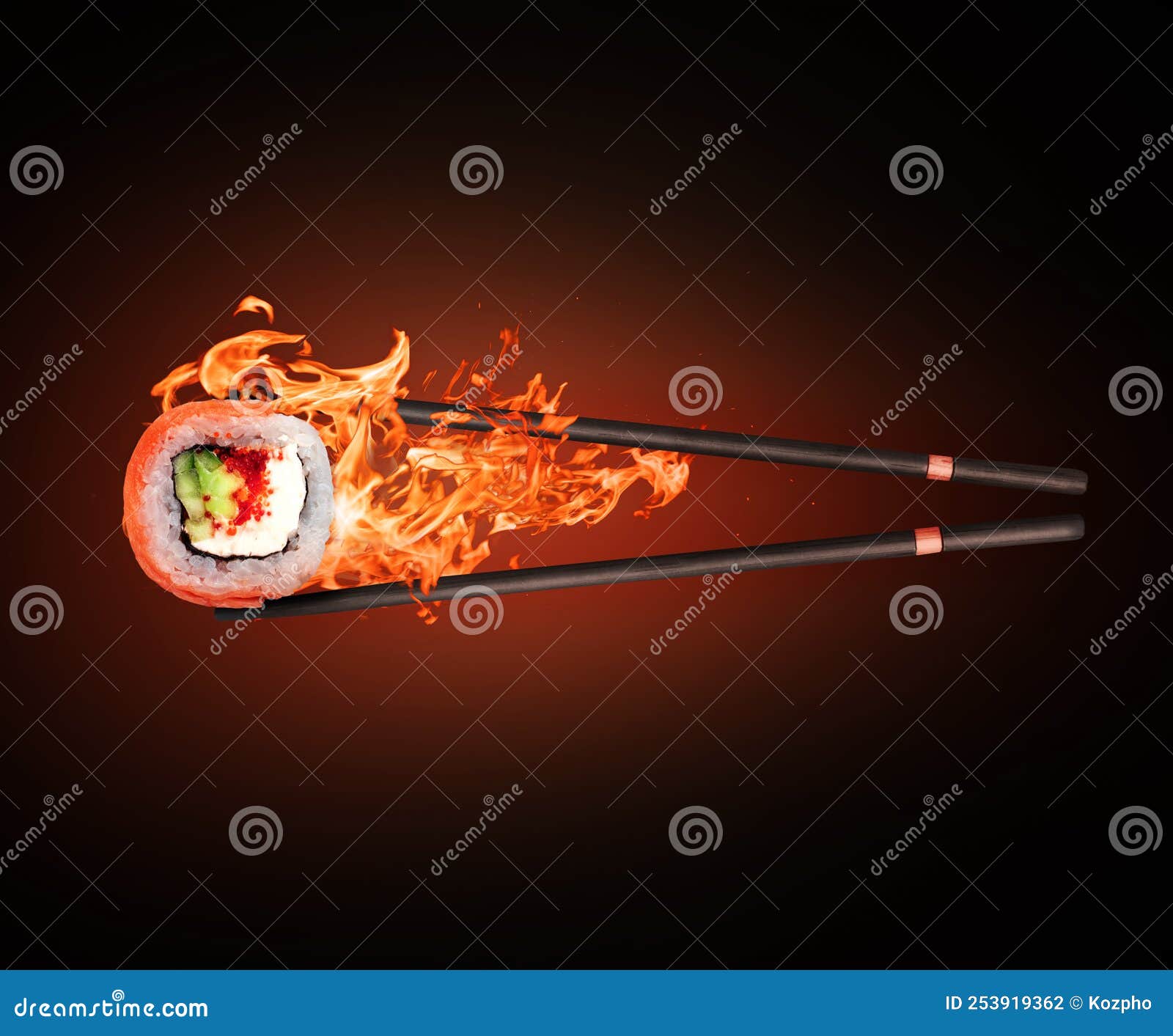 Sushi Roll with Salmon Sandwiched between Sticks with Fire Stock Photo ...