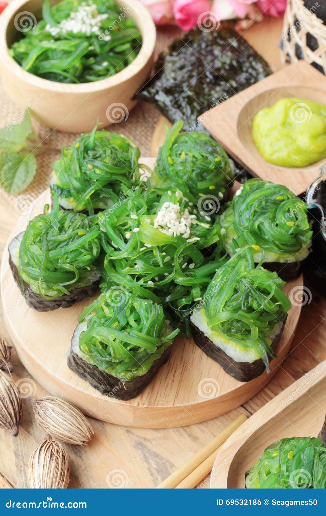 Sushi Roll and Seaweed Salad is Delicious. Stock Photo - Image of ...