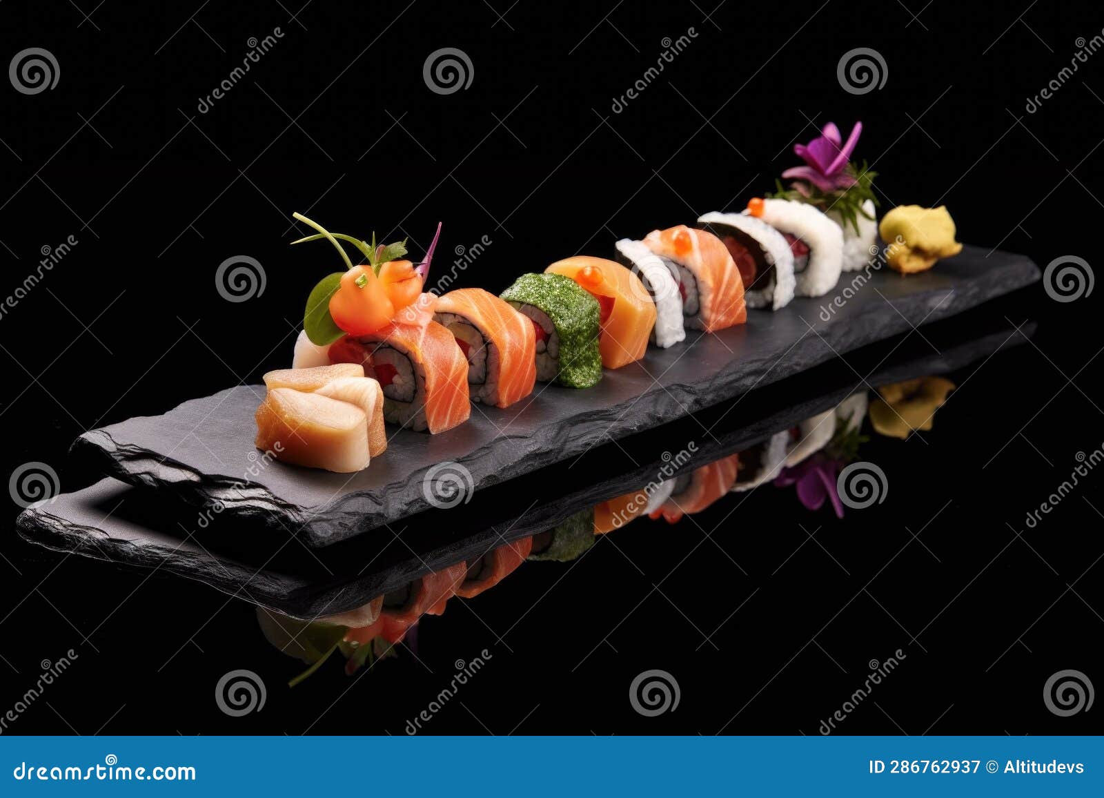 Sushi Roll Sliced on Black Slate Plate Stock Image - Image of ...