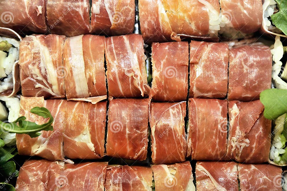 Sushi with rolled ham stock photo. Image of cooking - 302662892