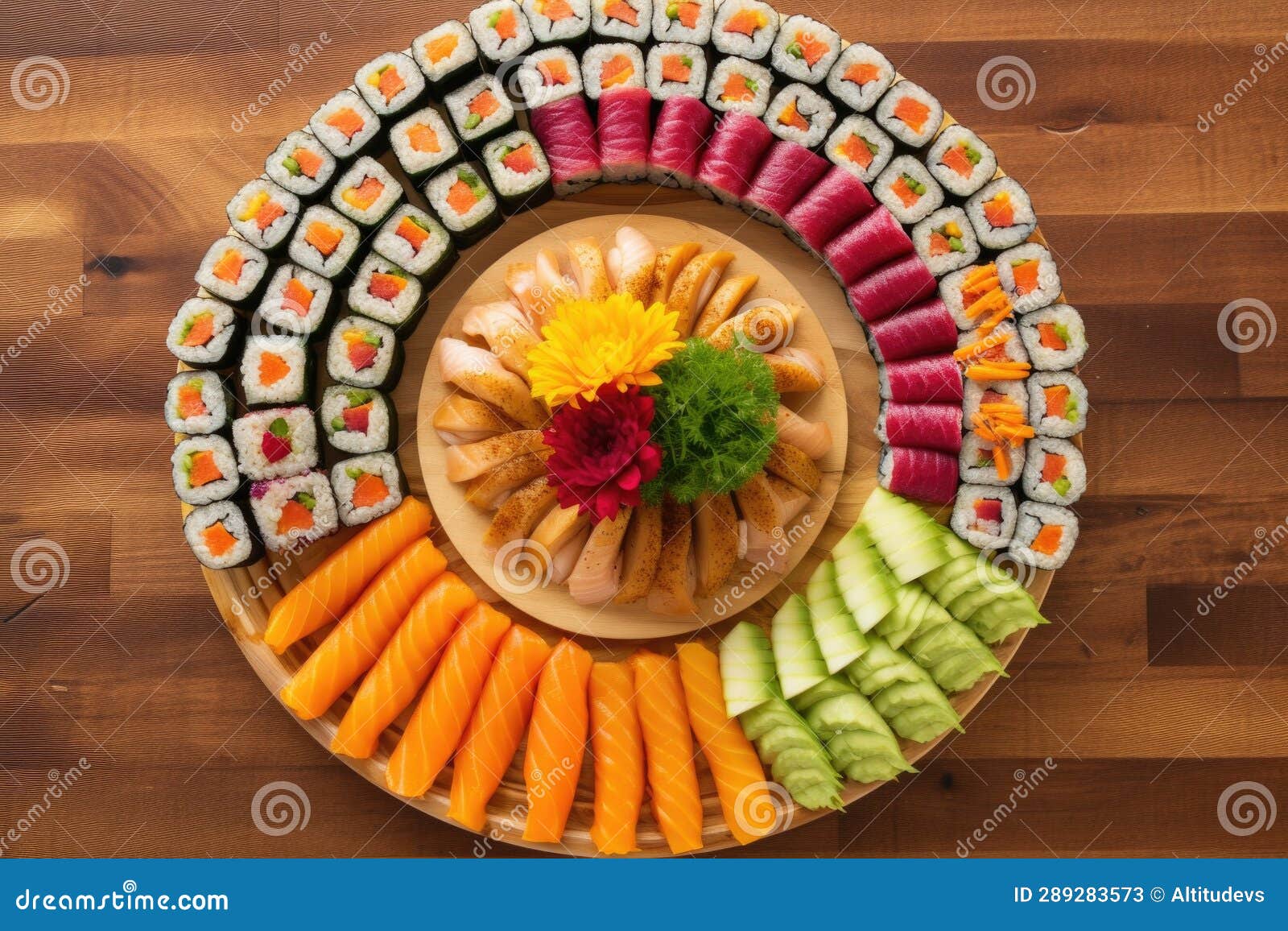 Sushi Rolls Arranged in a Circle on a Wooden Platter Stock Image ...