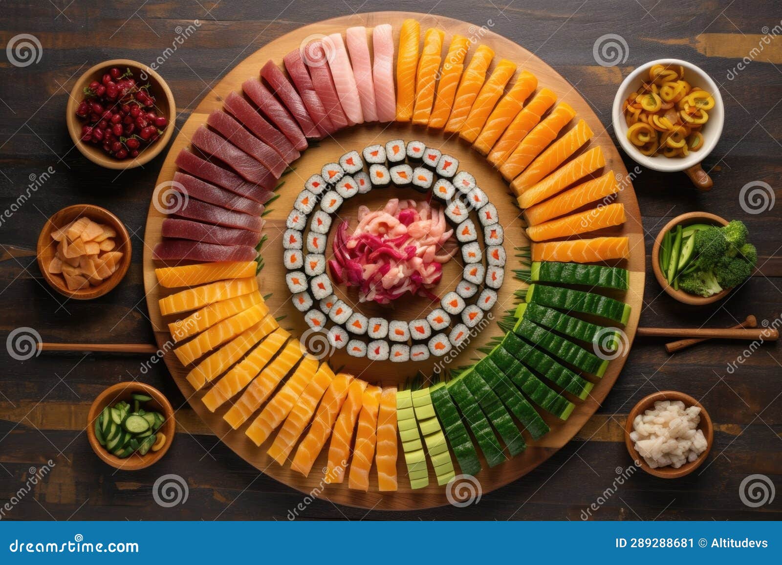 Sushi Rolls Arranged in a Circle on a Wooden Platter Stock Image ...