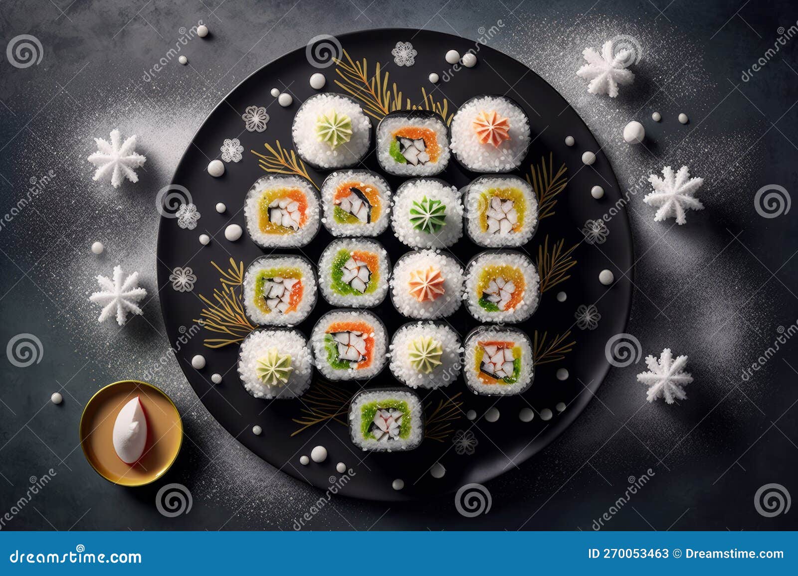 Sushi Rolls on Black Plate with Snowflakes. Generative AI Stock ...