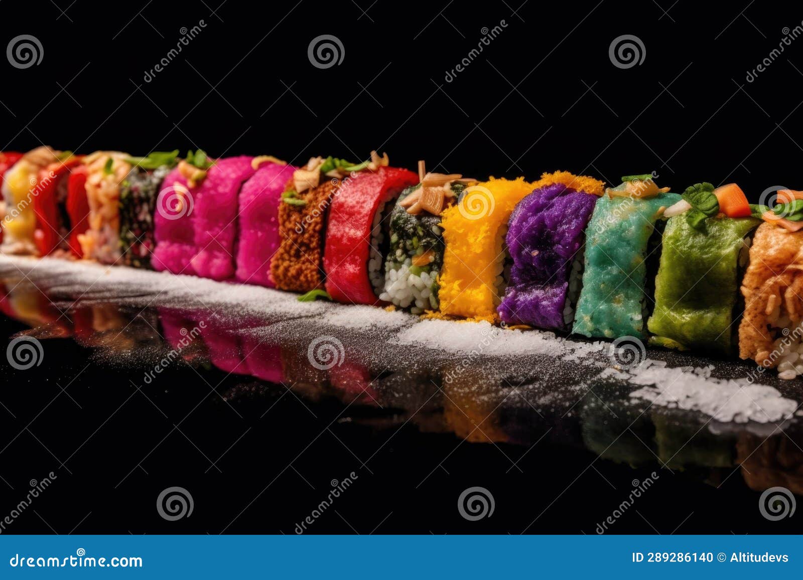 Sushi Rolls with Colorful Ingredients in a Row Stock Photo - Image of ...