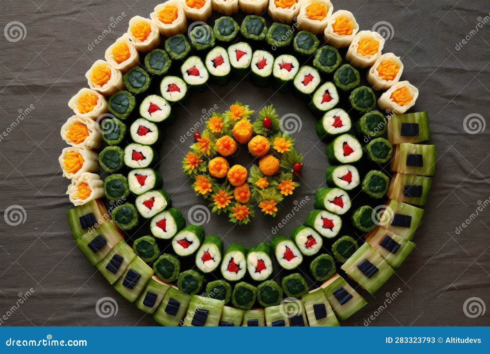 Sushi Rolls Placed in a Circular Pattern with Wasabi Stock Illustration ...