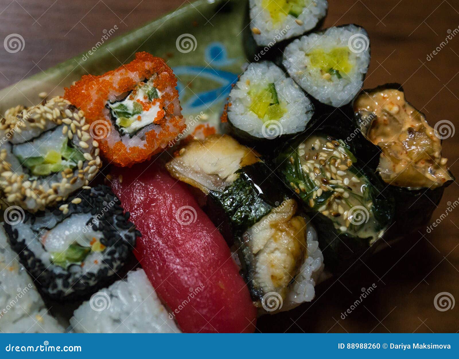 Sushi and Rolls on a Rectangular Plate Stock Photo - Image of oriental ...
