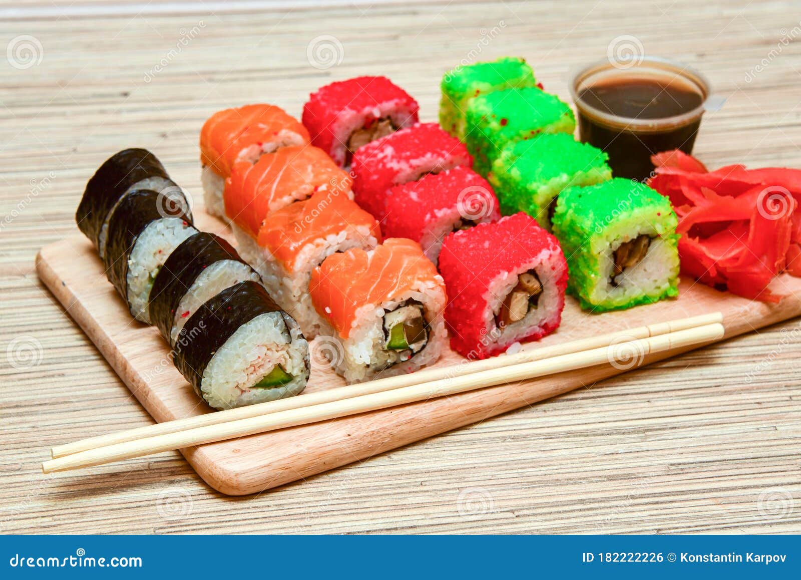 Sushi Rolls Set Served on Wooden Tray Stock Photo - Image of restaurant ...