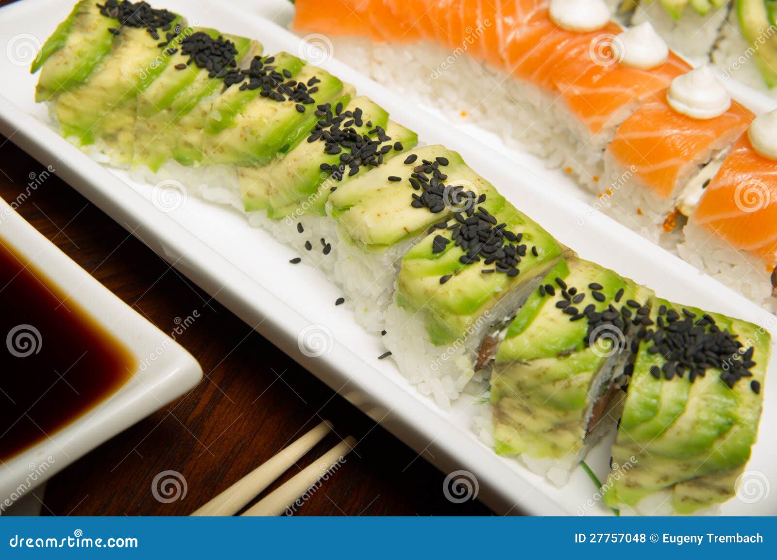 Sushi Platter with Avocado and Salmon Rolls Stock Photo - Image of ...