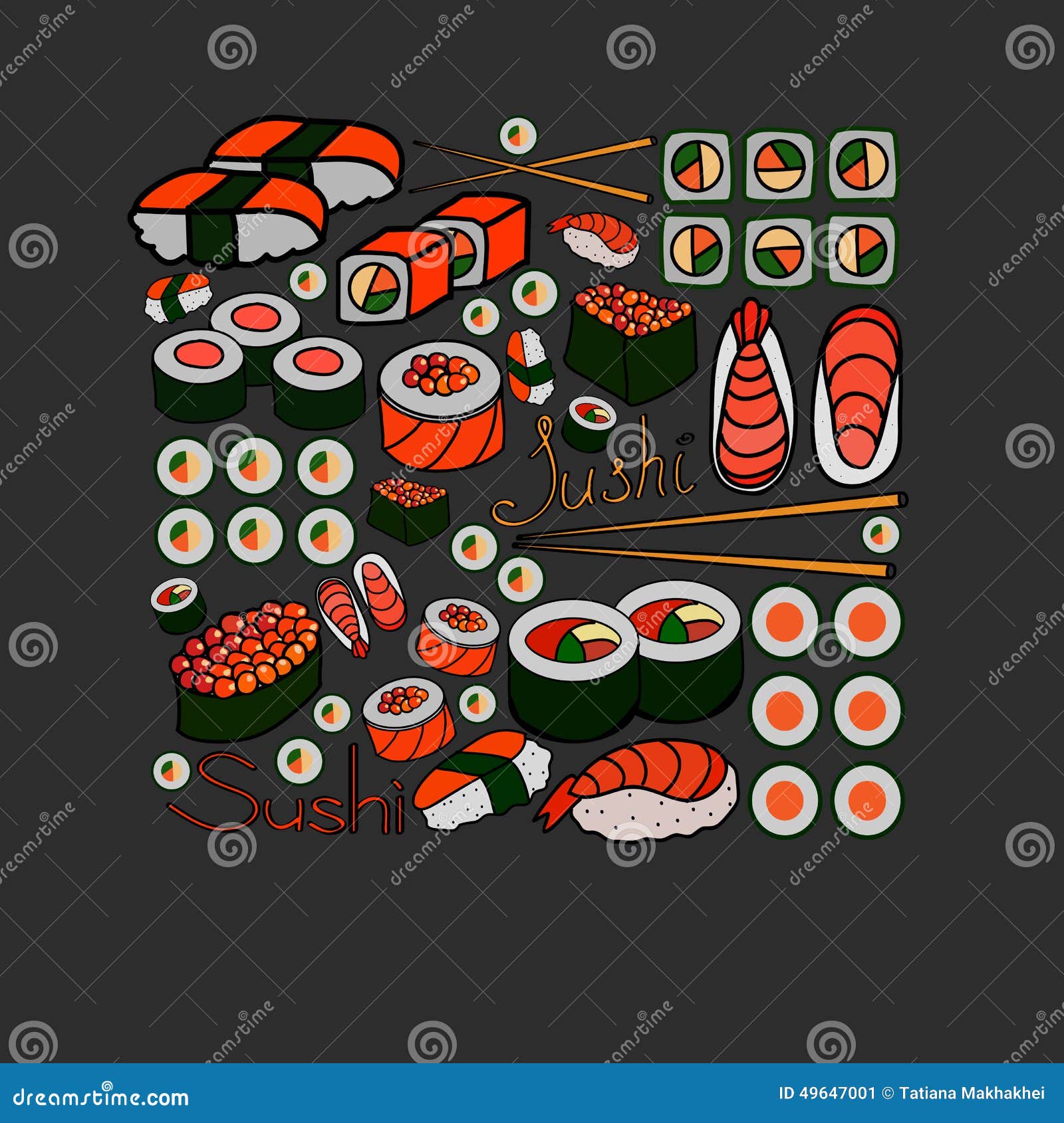 Sushi and rolls stock vector. Illustration of color, food - 49647001