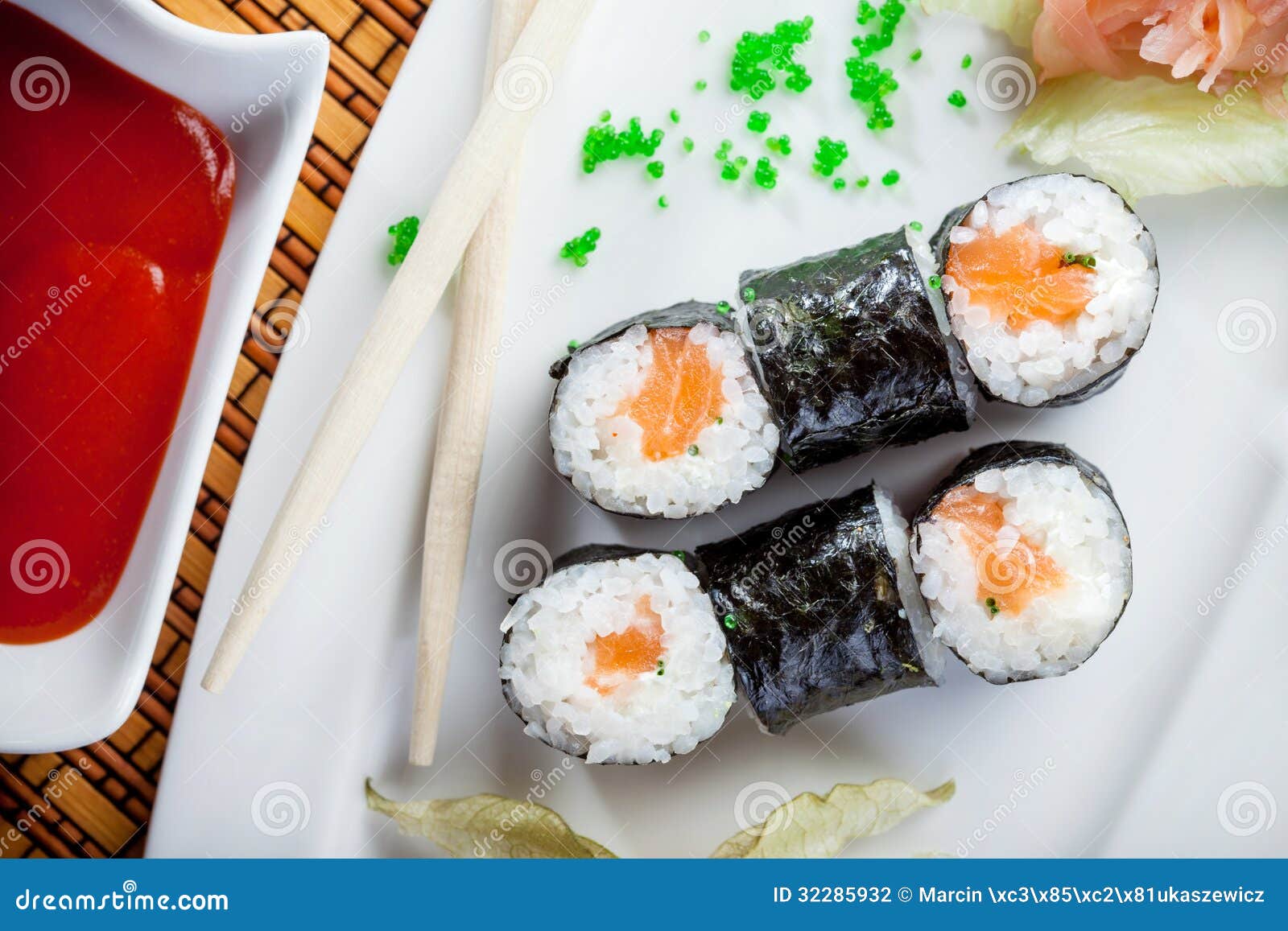 Sushi, Salmon and Caviar Rolls, Top View Stock Photo - Image of dinner ...