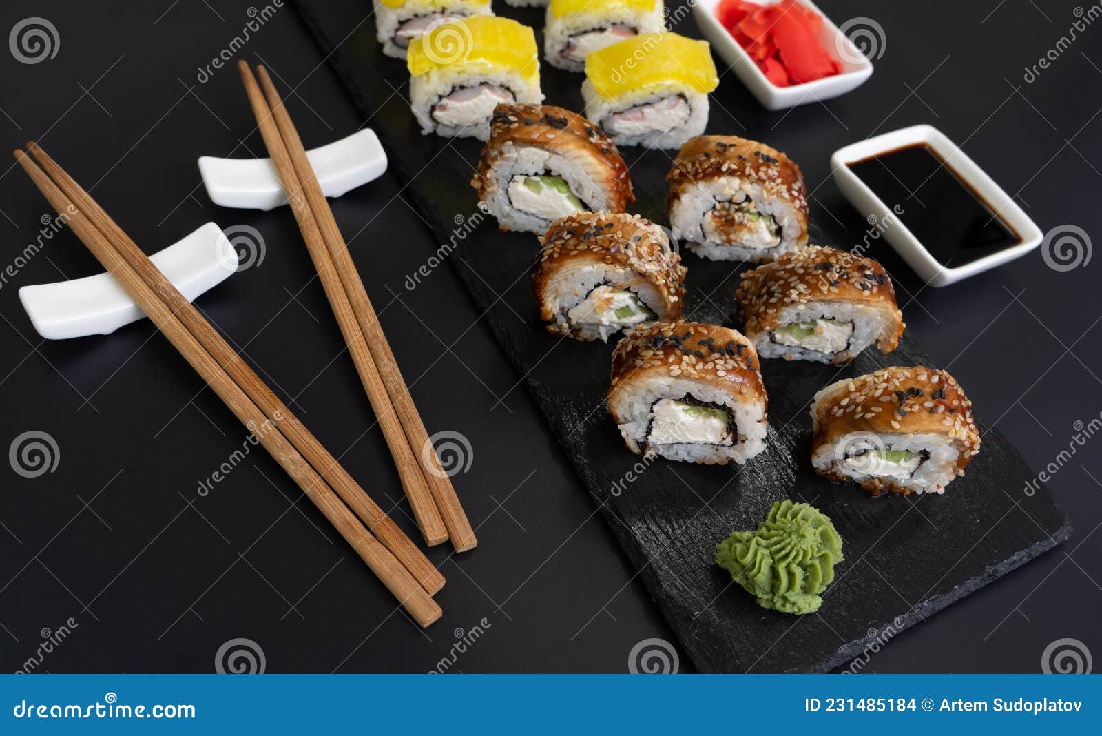 Sushi Selection on Black Slate, Food Border Background Stock Photo ...