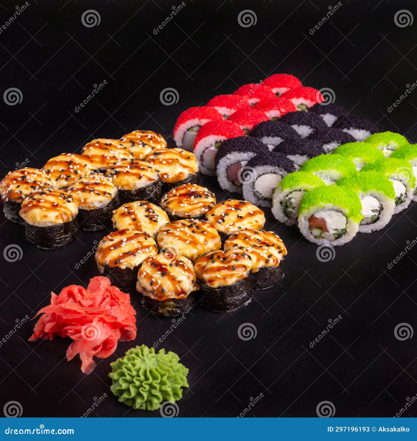 Sushi Set with Ginger and Wasabi on a Slate Plate Stock Image - Image ...