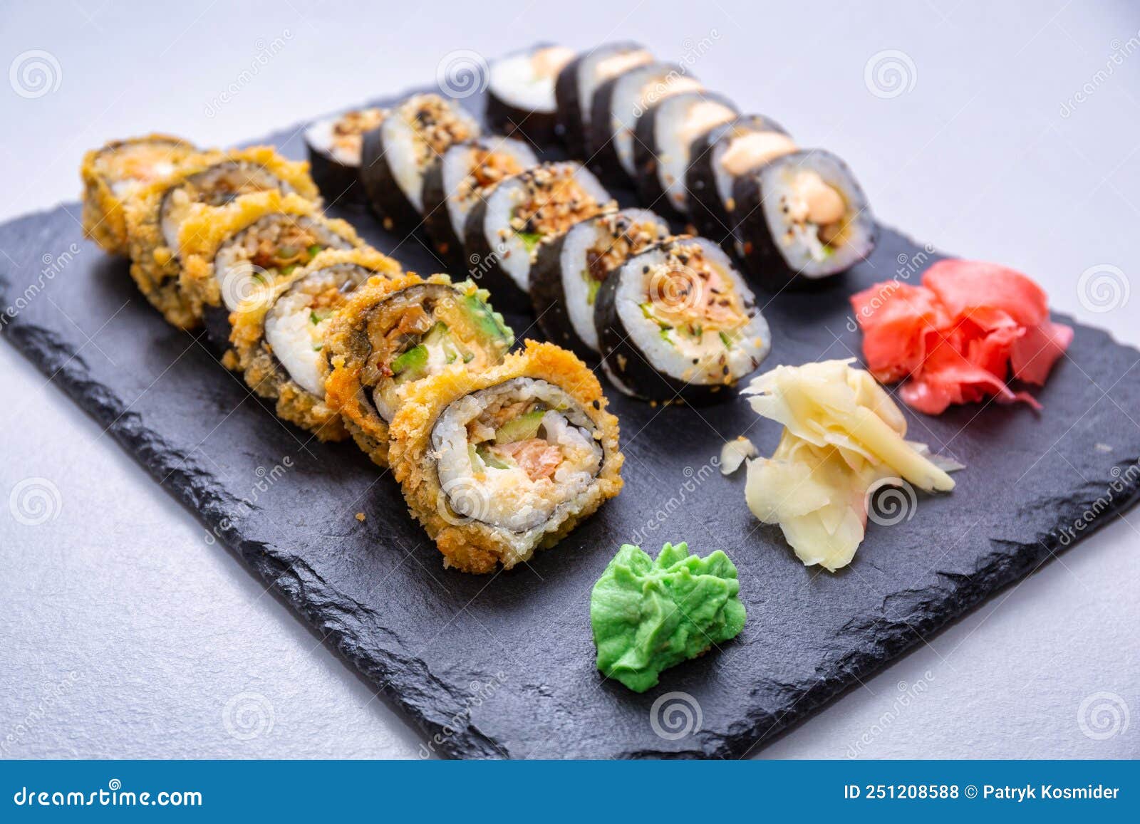 Sushi Set Grilled in Tempura on the Stone Plate Stock Photo - Image of ...