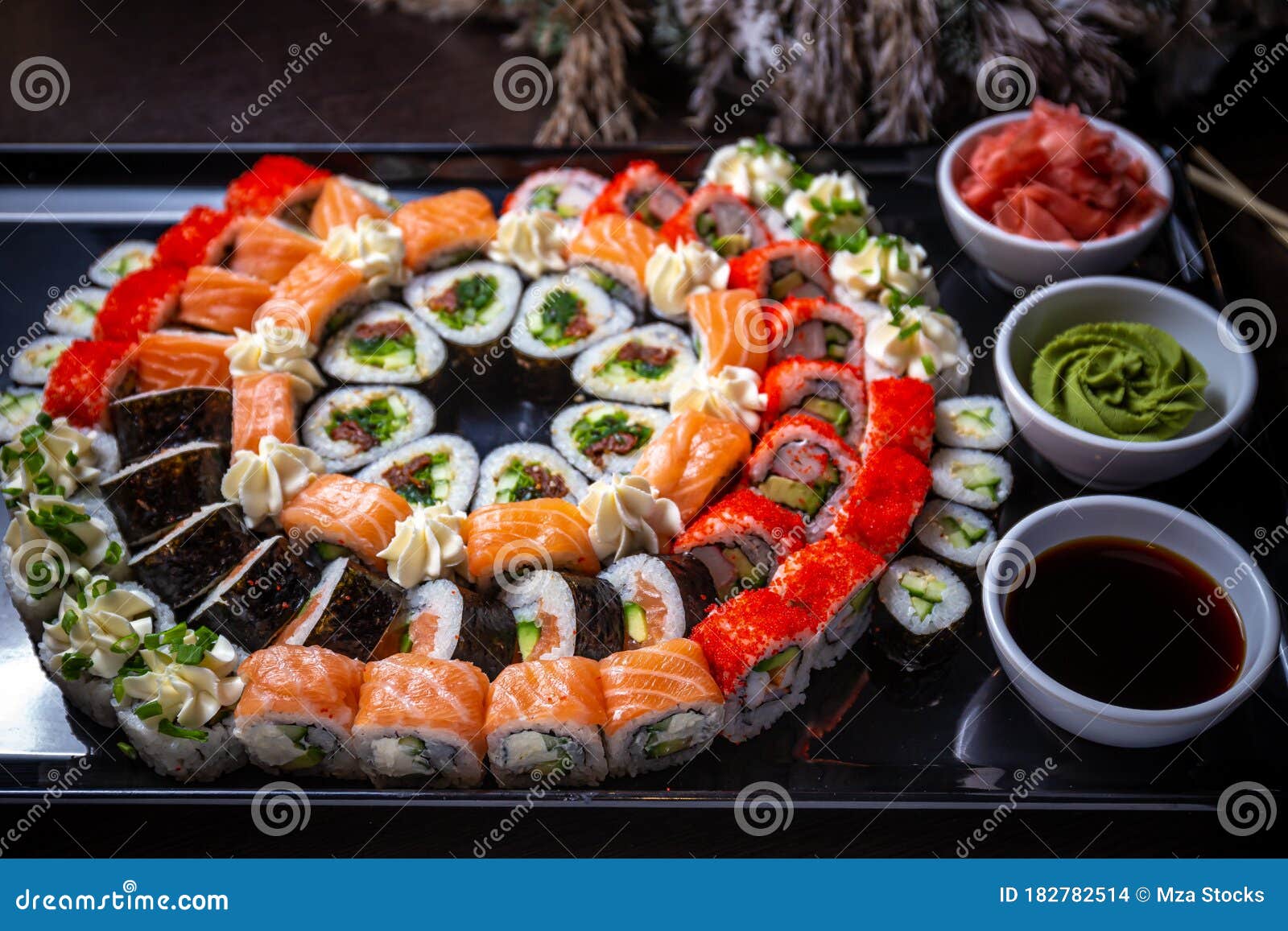 Sushi Set with Many Pieces and Various Maki Stock Photo - Image of ...
