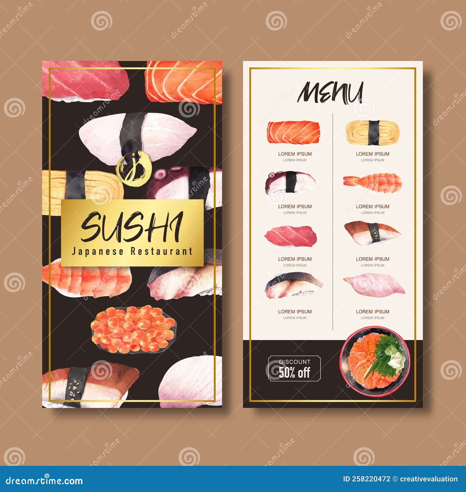 Sushi Set Menu for Restaurant. Design Template with Watercolor Graphic ...
