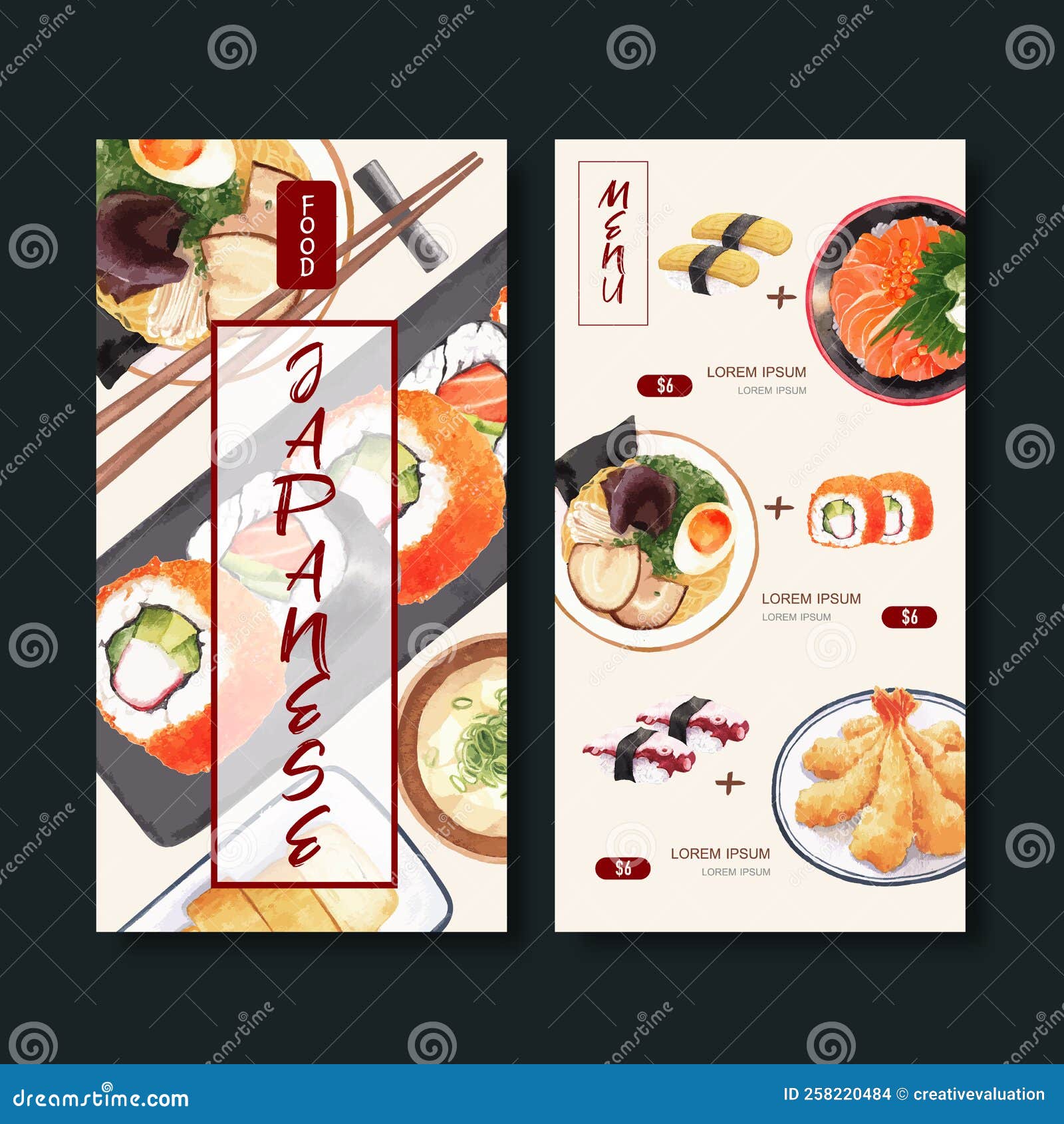 Sushi Set Menu for Restaurant. Design Template with Watercolor Graphic ...