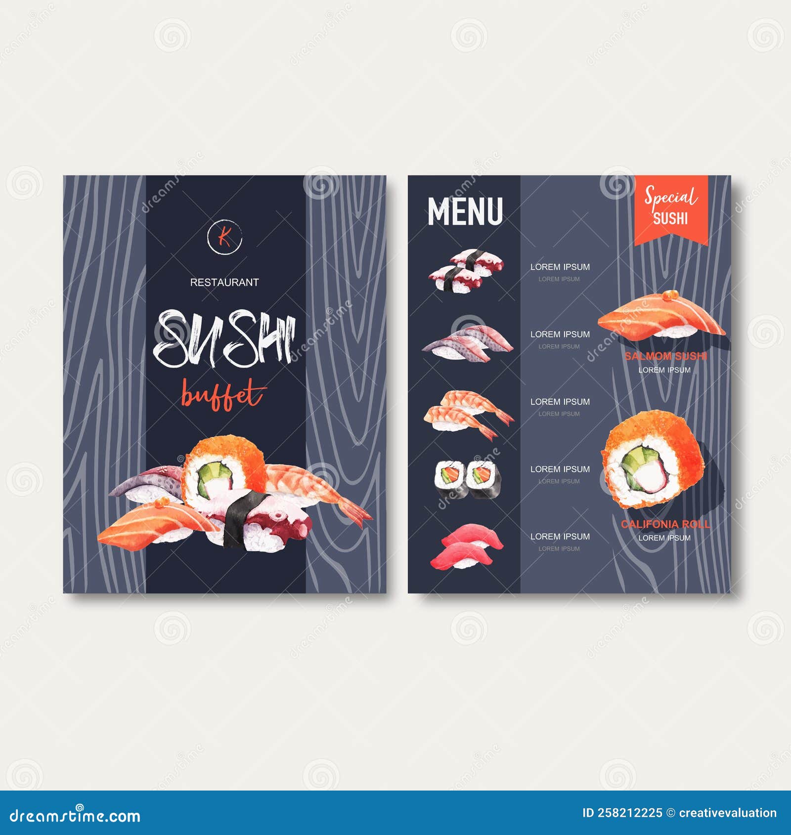 Sushi Set Menu for Restaurant. Design Template with Watercolour Graphic ...