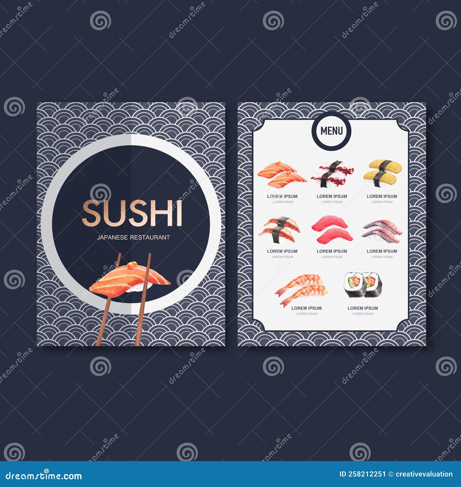 Sushi Set Menu for Restaurant. Design Template with Watercolour Graphic ...
