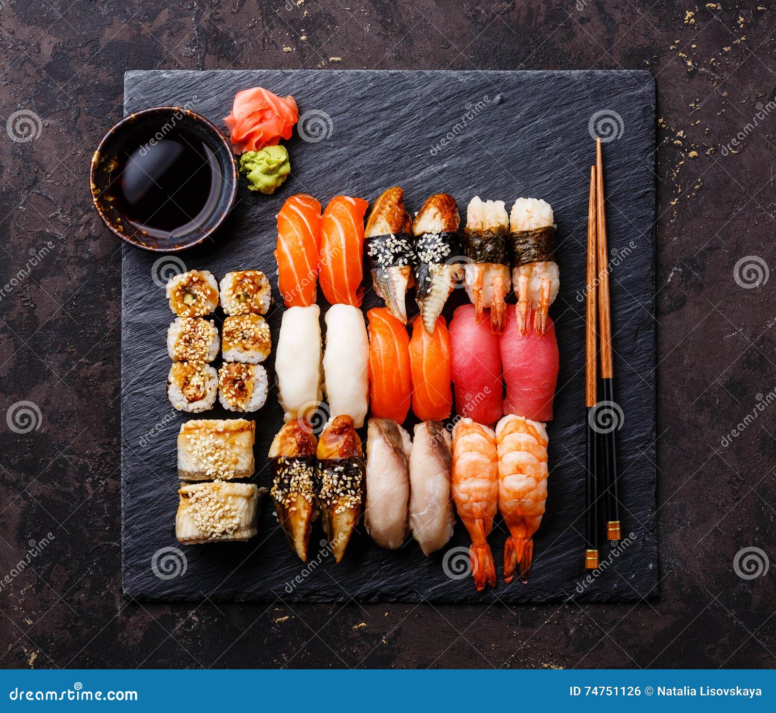 Sushi Set on slate plate stock photo. Image of ginger - 74751126
