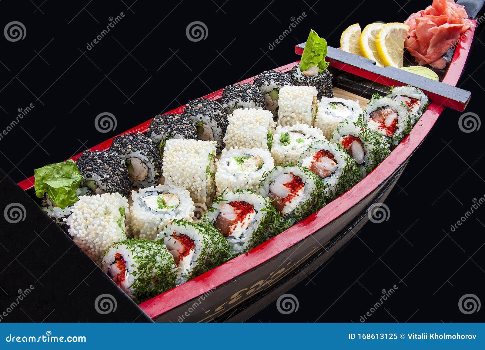 Sushi Set in a Wooden Boat on a Black Background Stock Image - Image of ...