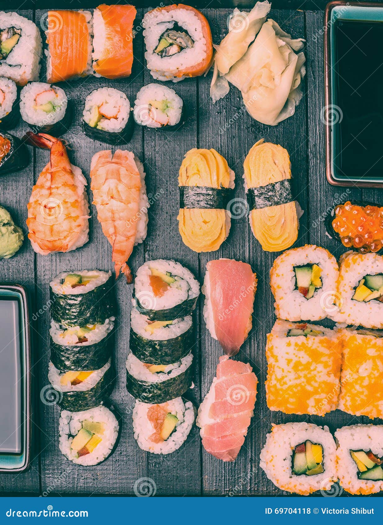 Sushi Setting, Top View, Retro Stock Photo - Image of board, avocado ...