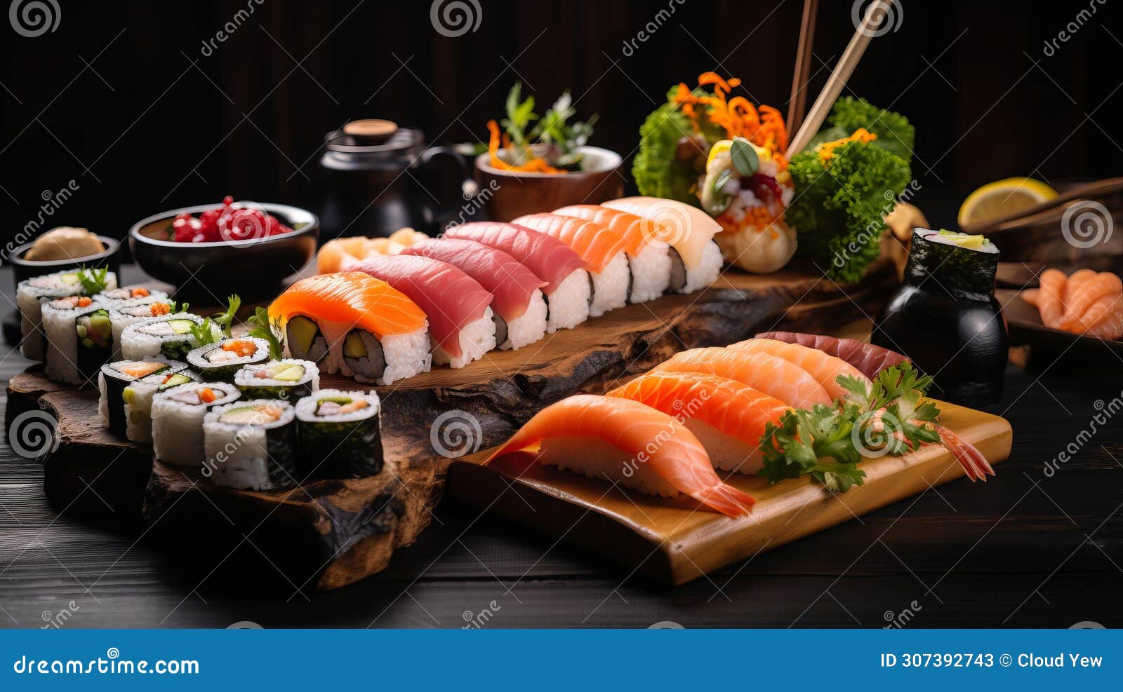 A Sushi Table with Assorted Rolls and Sashimi Stock Illustration ...