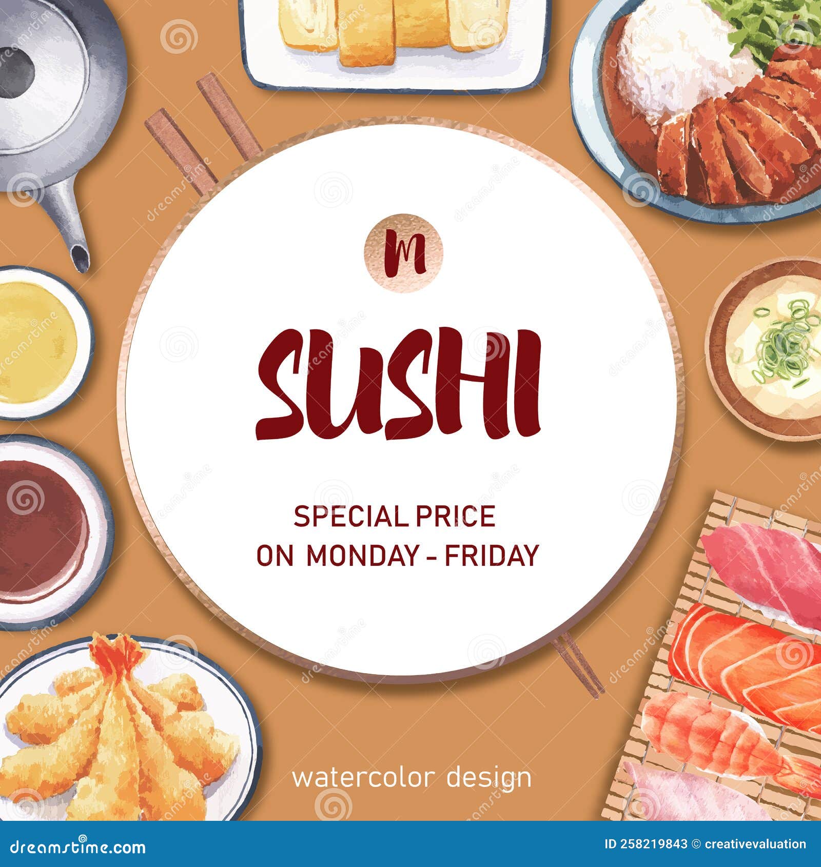 Sushi-themed Border Frame. Creative with Food Watercolor Template for ...