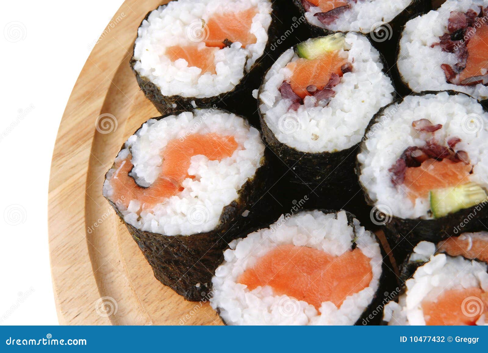 Sushi on wooden plate stock photo. Image of freshness - 10477432