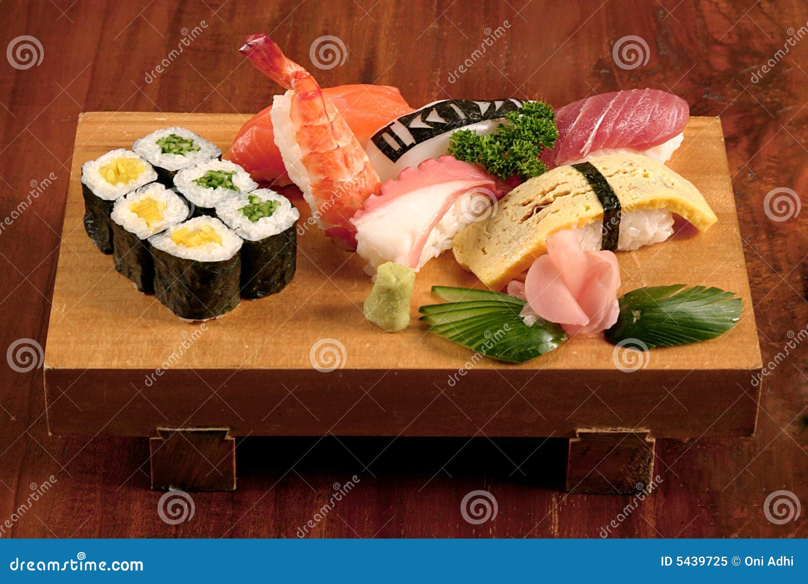 Sushi on wooden plate stock image. Image of shrimps, japanese - 5439725