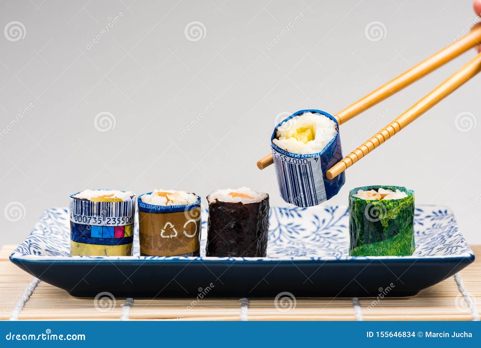 Sushi Wrapped in Plastic, Ocean Pollution Conceptual Image Stock Photo ...