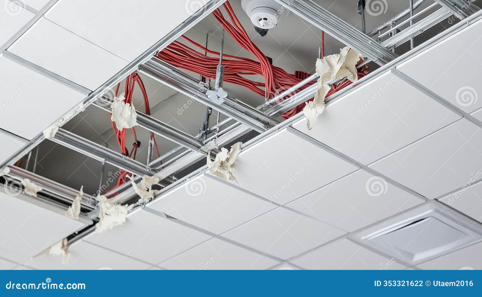 Suspended Ceiling Installation Showing Grid, Cables and Smoke Detector ...