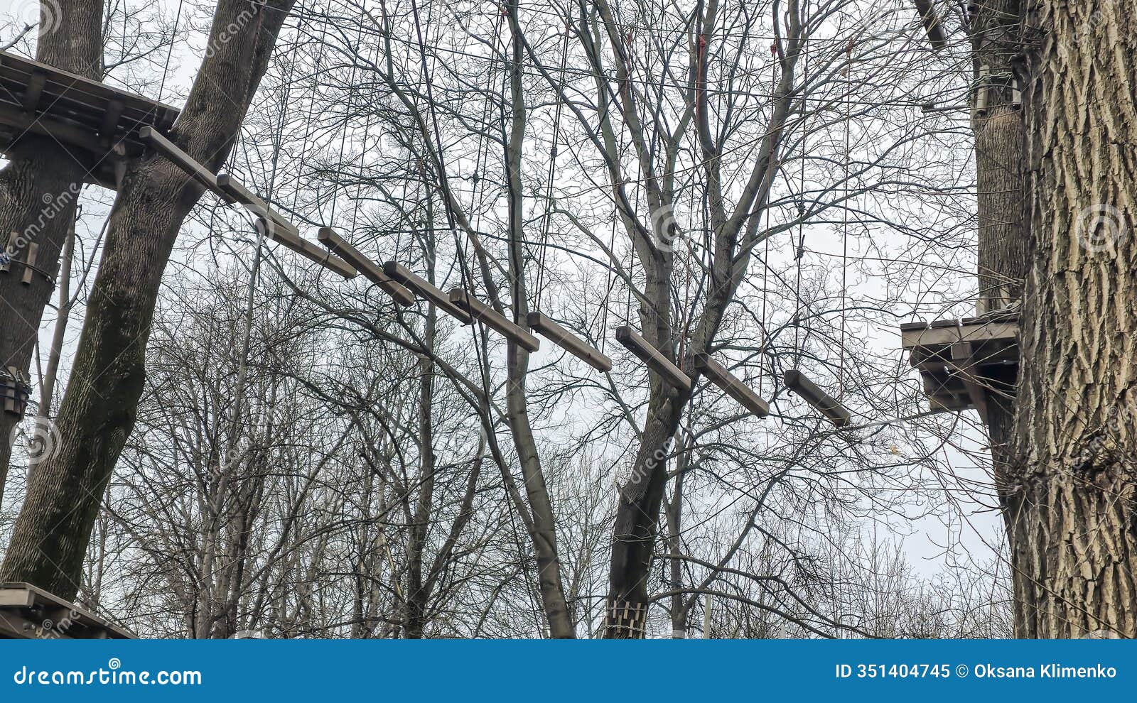 Suspended Obstacle Course in the Park on the Trees. Boards on Ropes in ...