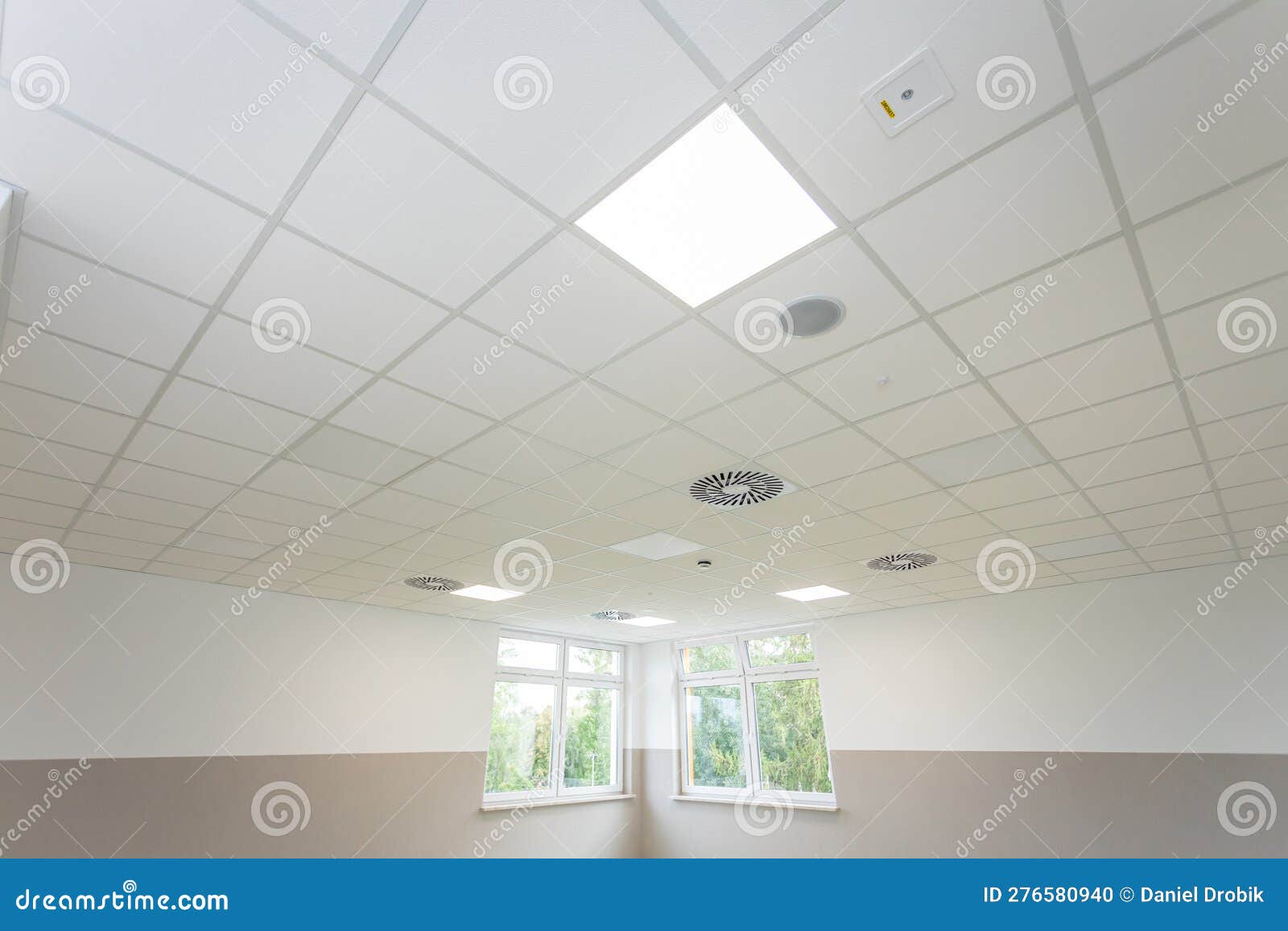 Bottom View of the Panel Ceiling on the Diagonal of the Room with a ...