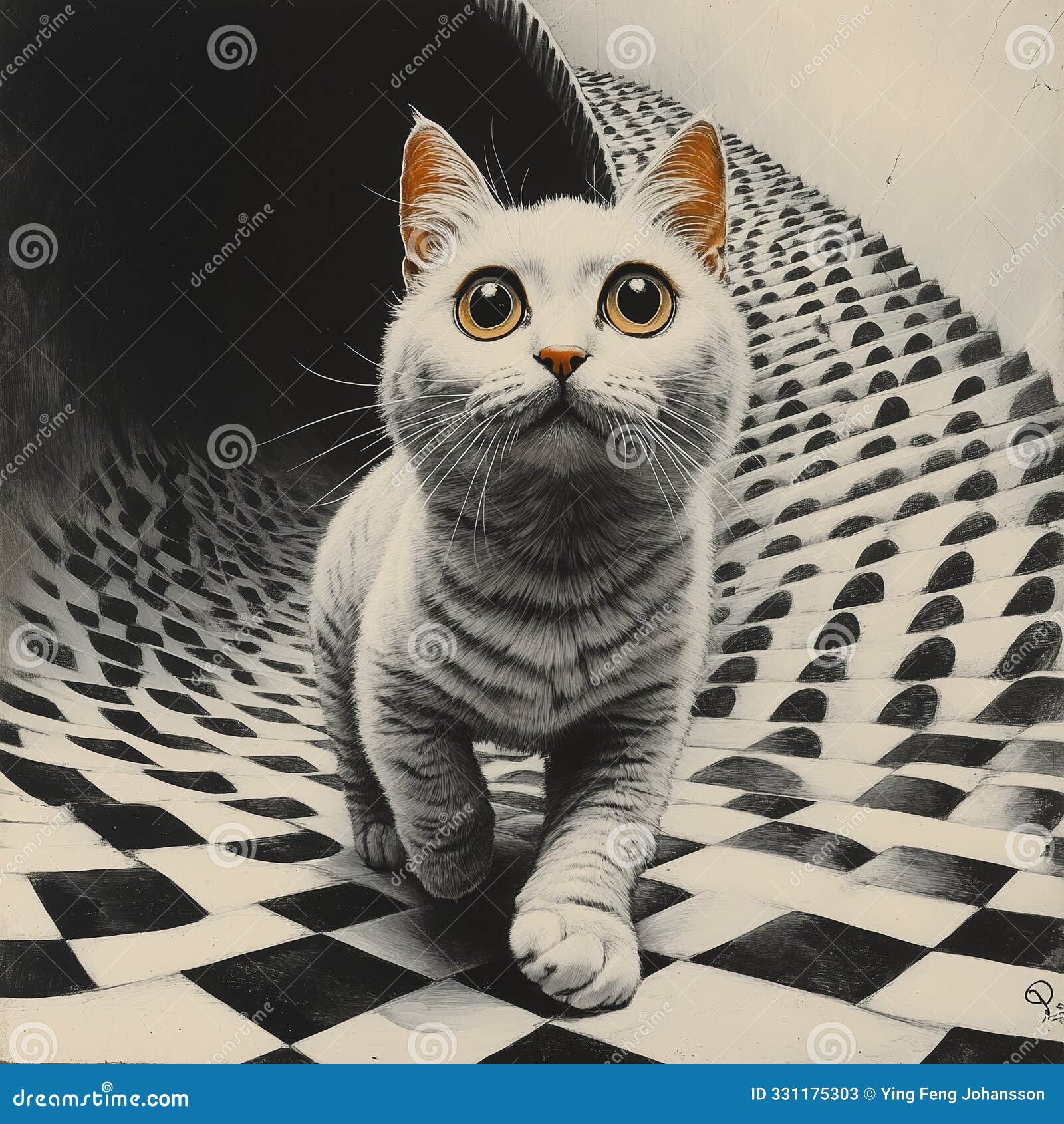 Suspended in a Surreal Checkered Void, a Cat Commands Attention with ...