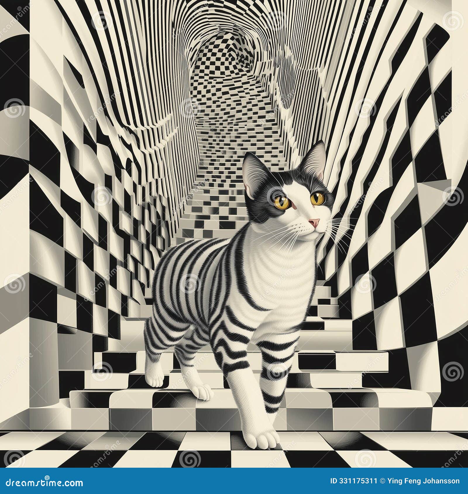 Suspended in a Surreal Checkered Void, a Cat Commands Attention with ...
